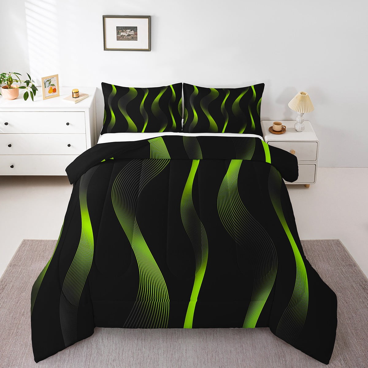 Lime Green Stripe Comforter Set King Size, Neon Geometric Lines Bedding ...