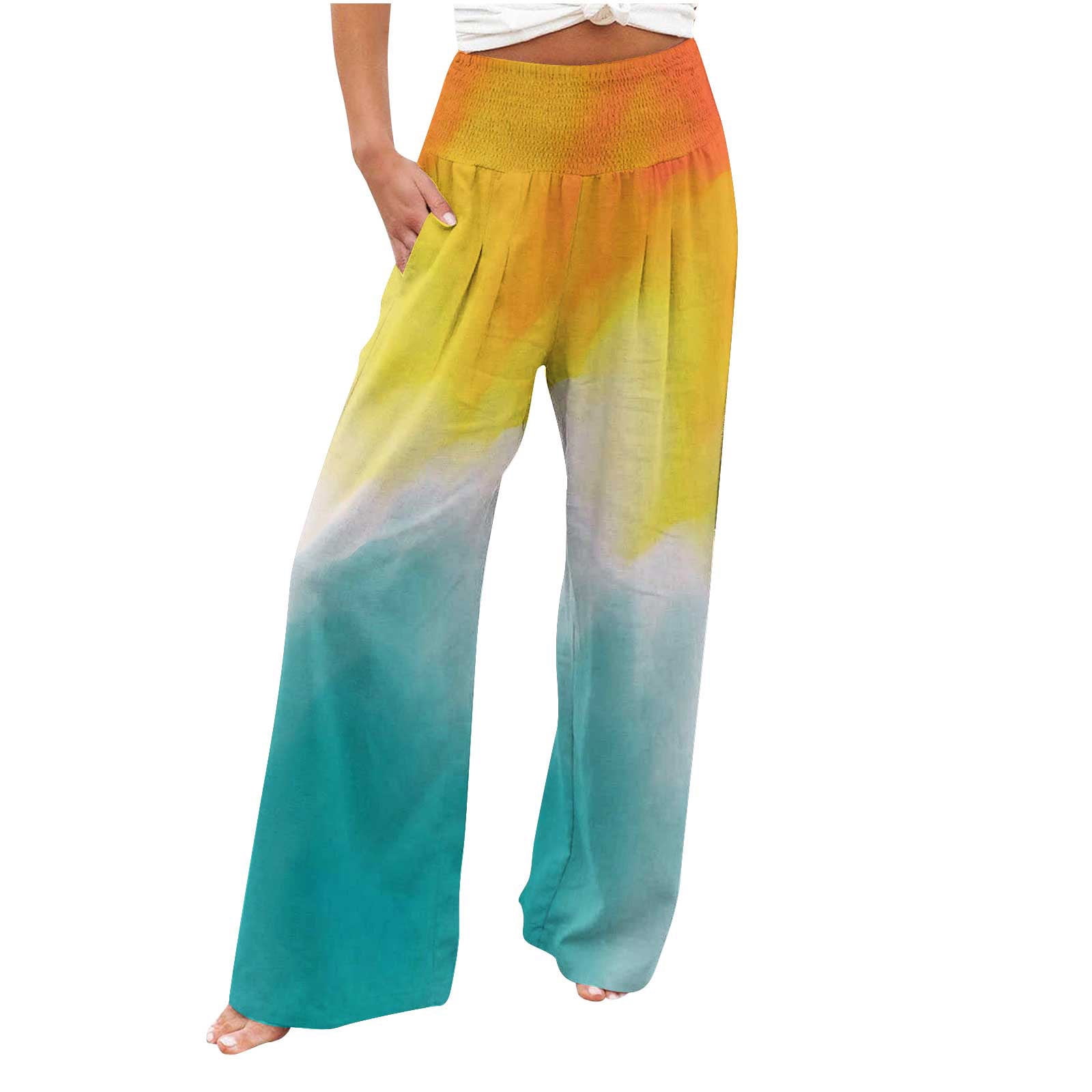 Lime Green Trousers Pants for Women Summer Fall Faux Linen Color Block ...