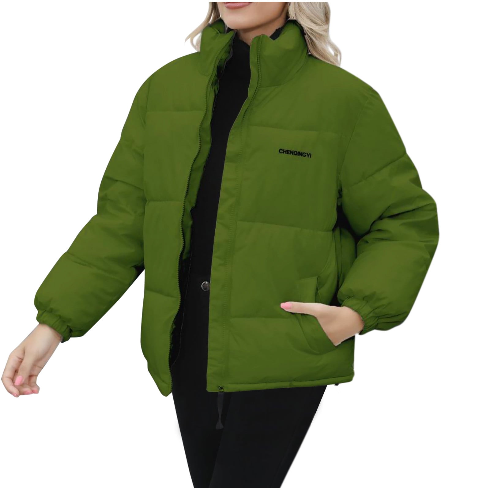 Lime Green Warm Basic Puffer Jackets for Ladies Winter Fall Puffer ...