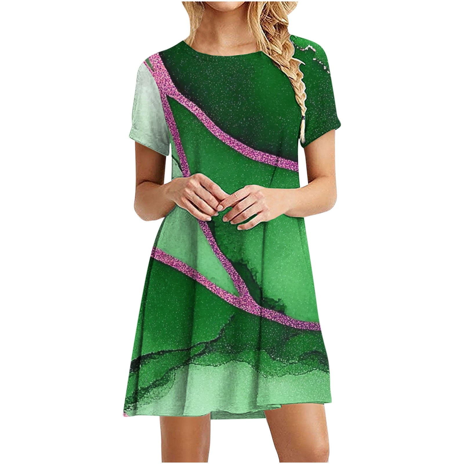 Lime Green Women Color Block Geometry Graphic Loose Fit Dress Boat Neck ...