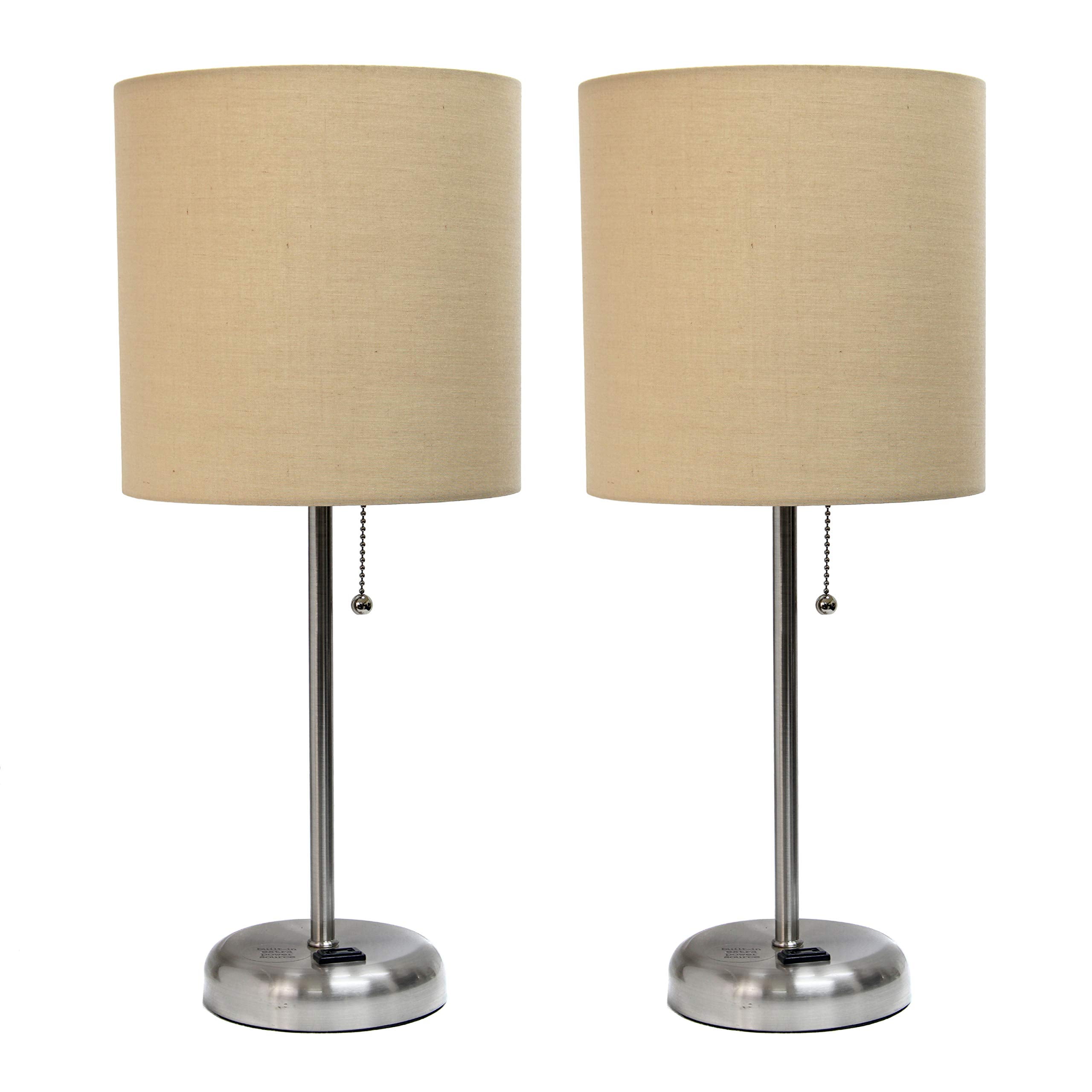 LimeLights Silver Metal Stick Lamp 2 Pack w/ Power Outlet with Tan ...