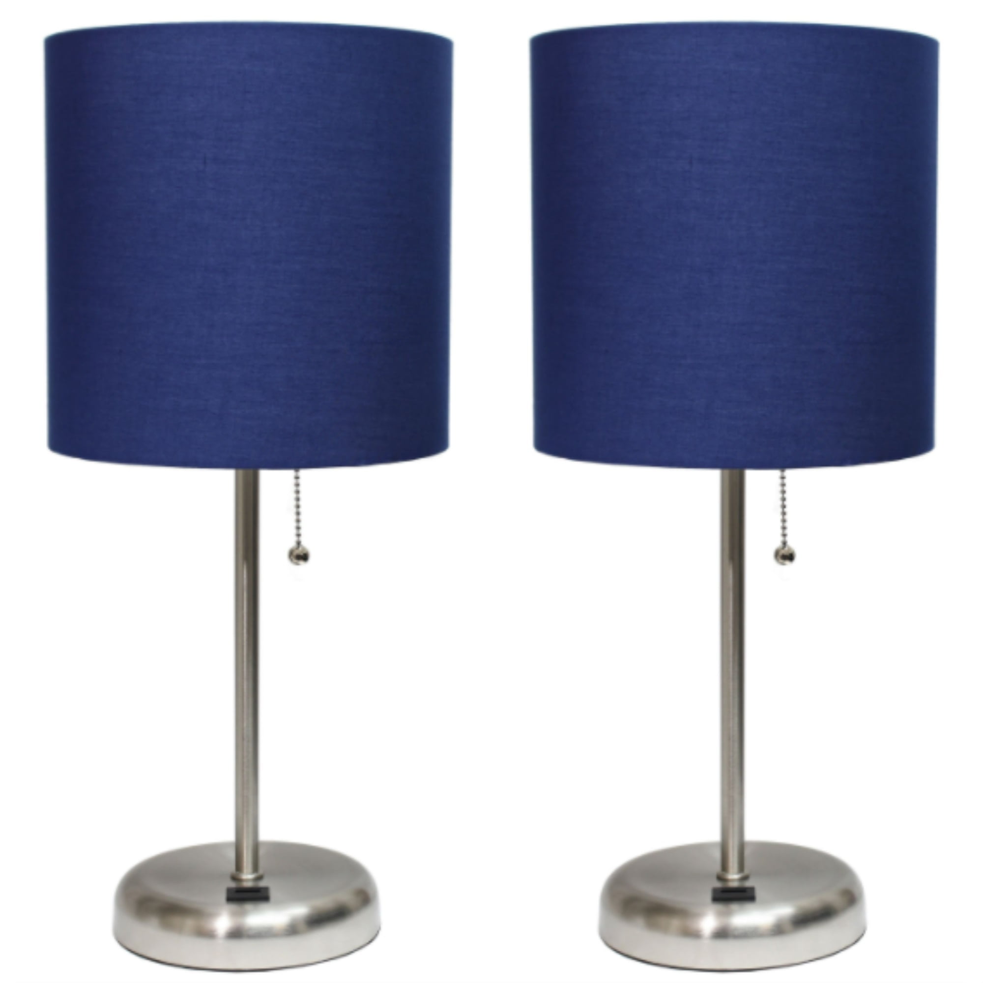 LimeLights Silver Metal Stick Lamp w/ USB Port 2 Pack with Navy Shade ...