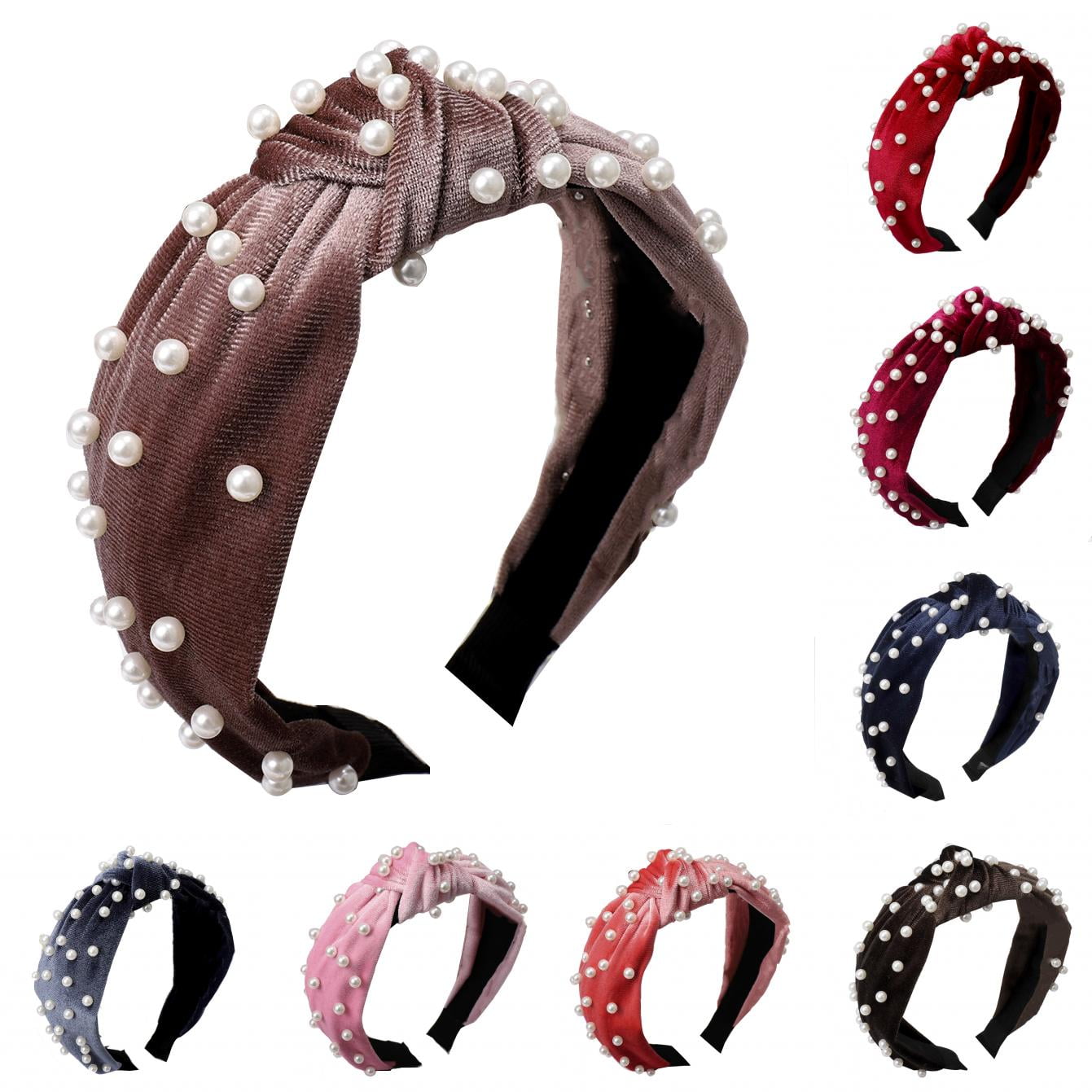 Limei 2 Pieces Pearls Headband Wide Hair Hoop Velvet Pearls Headband ...