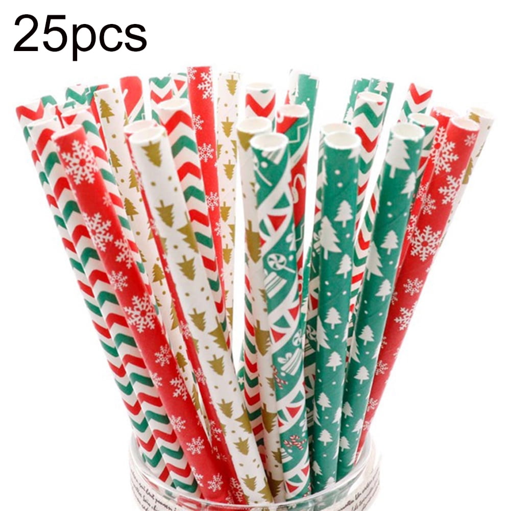 Limei 25Pcs Paper Drinking Straws, Christmas Tree Snowflake Hat Dot ...
