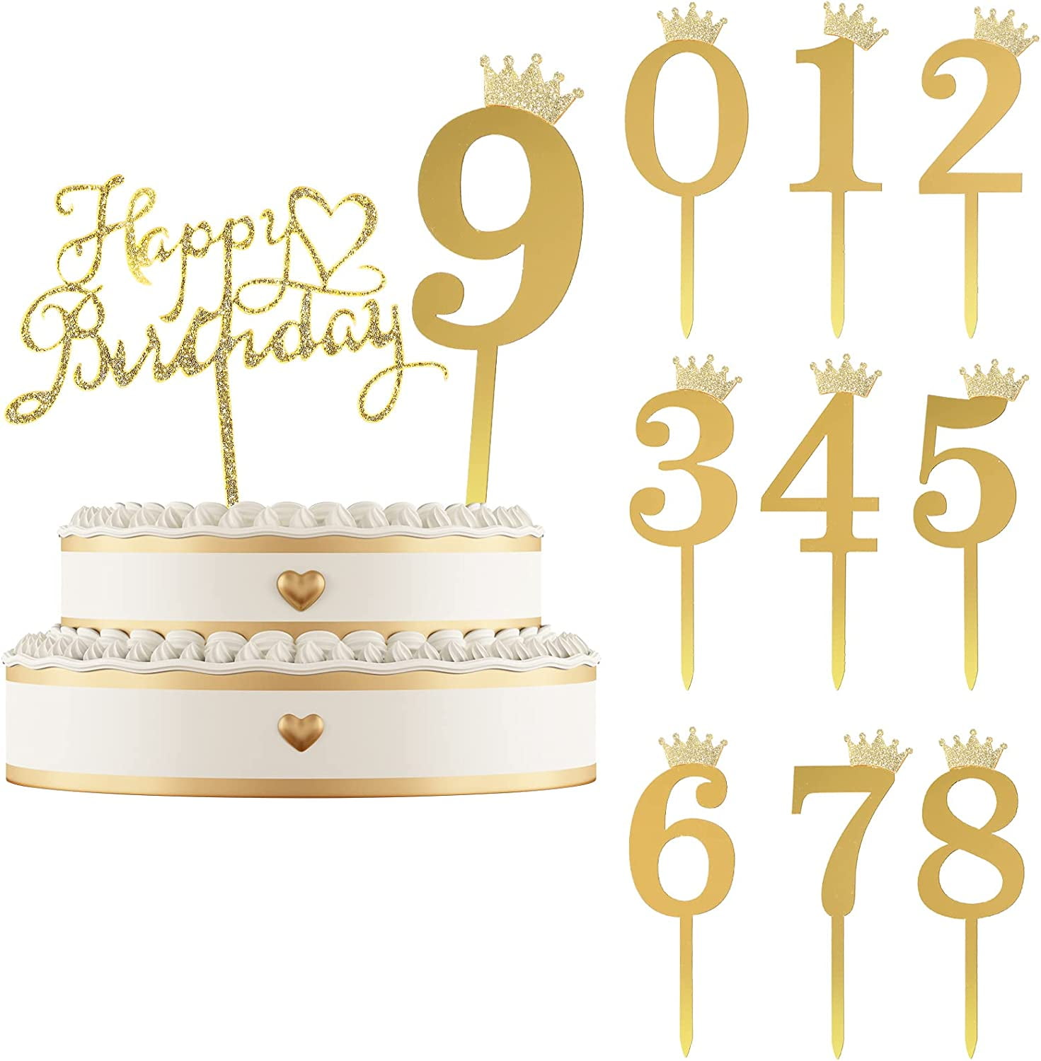 Limei Cake Toppers Acrylic Numbers 0-9 Crown Cake Toppers Golden Glitter Crown Cake Toppers for ...