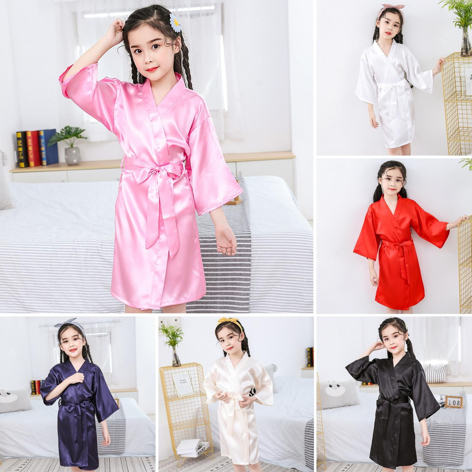 Limei Girl's Kid's Silky Satin Solid Color Short Kimono Robe for ...