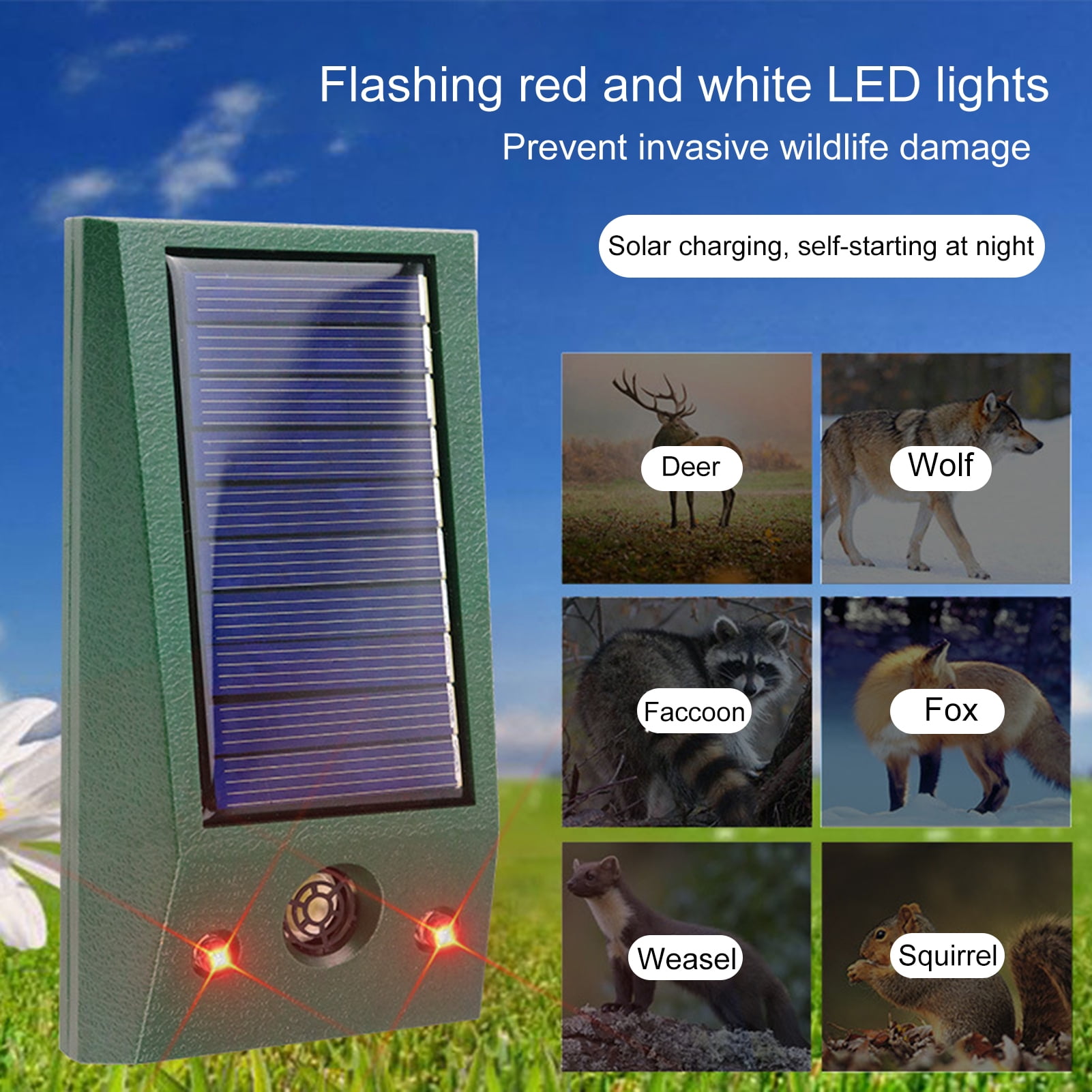 Limei Solar Ultrasonic Animal Repellent, Motion Sensor, Flashing Light ...