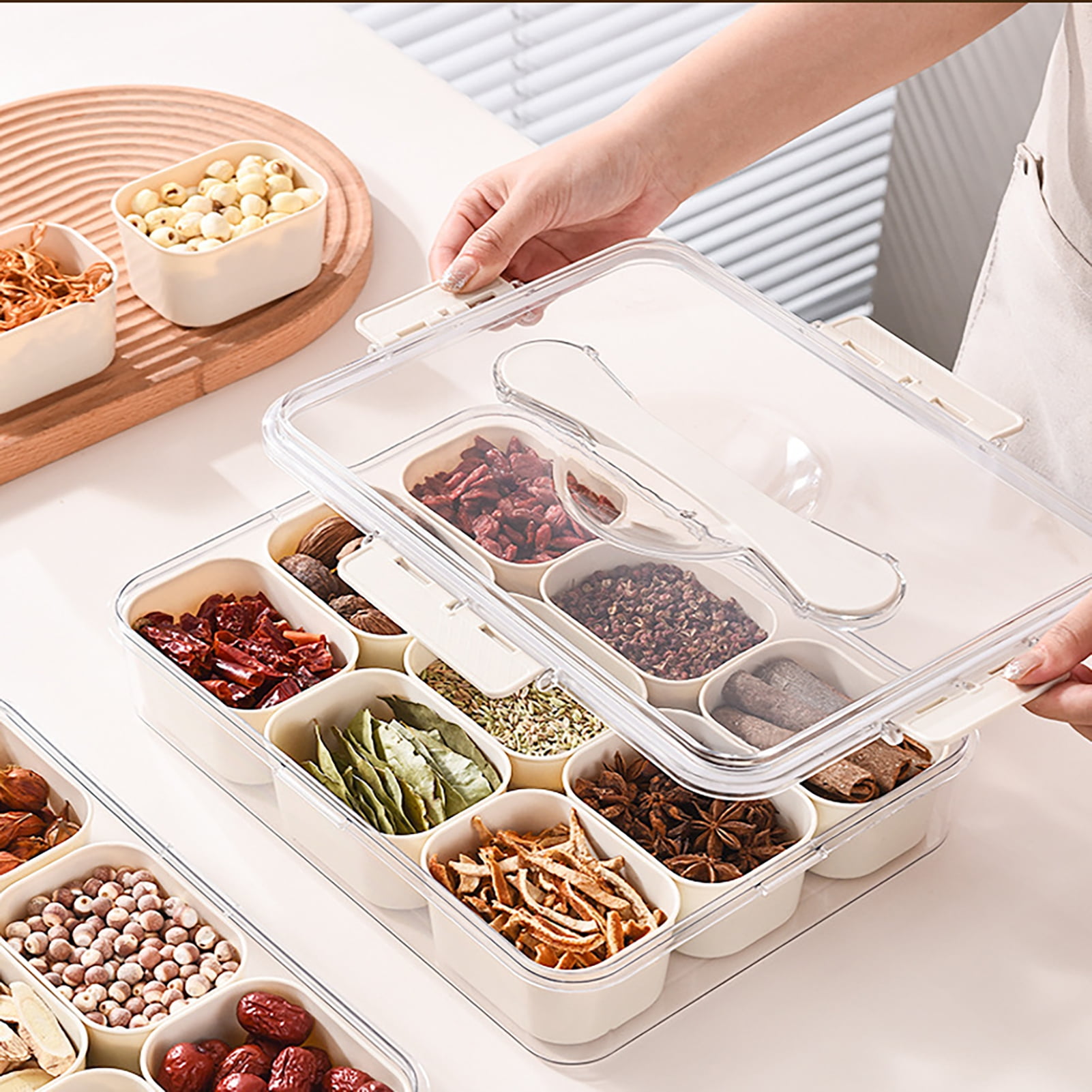 Limei Spice Storage Box 9 Compartments Divided Serving Tray with Lid ...