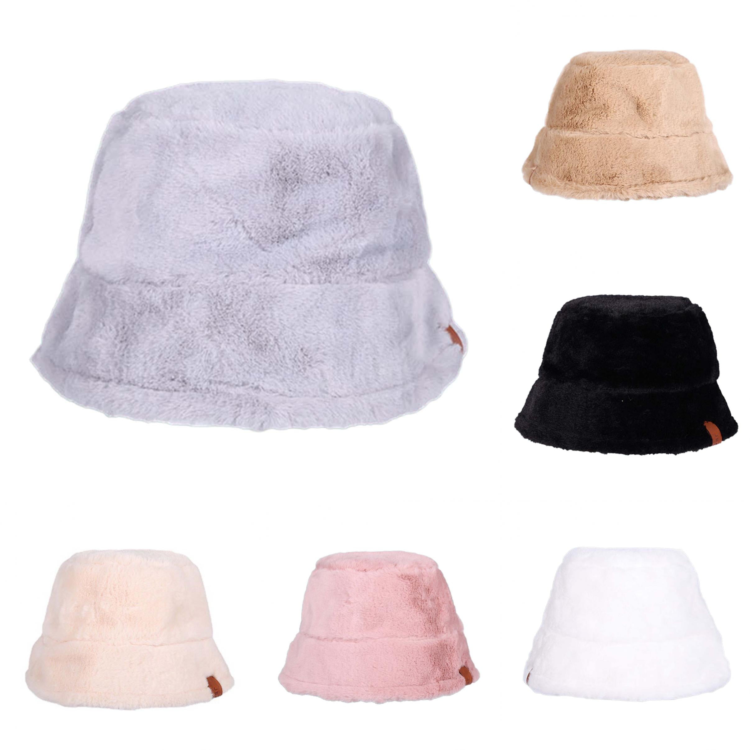 Limei Women Faux Fur Fisherman Hat Winter Warm Bucket Hat Plush Big ...