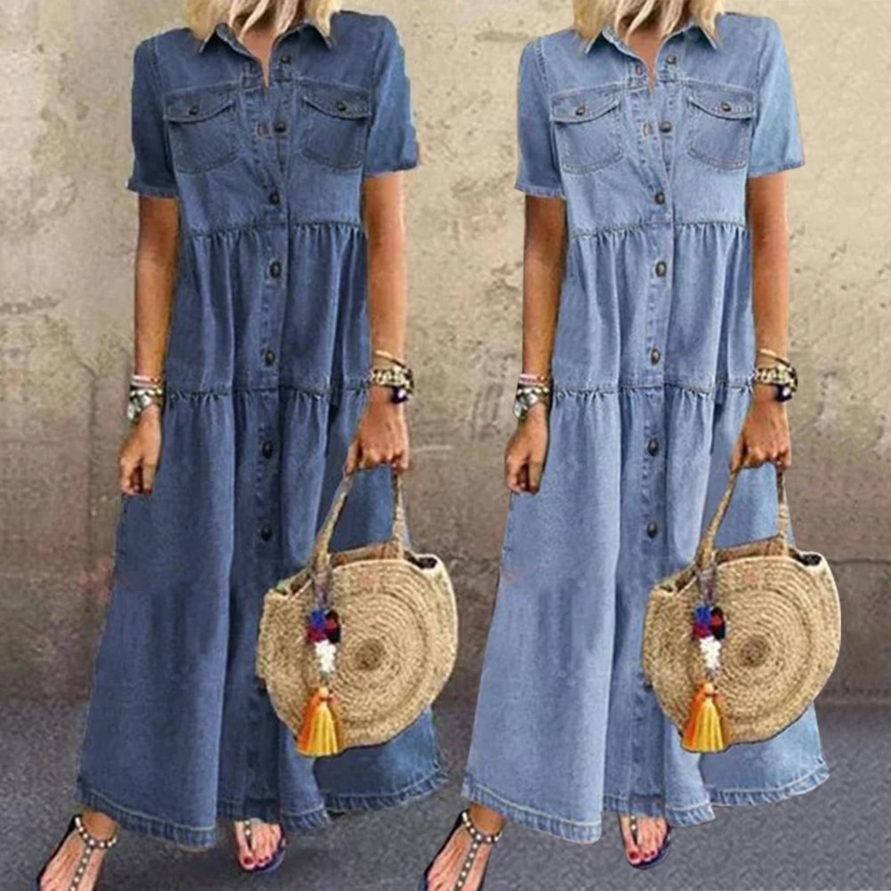 Limei Women's Retro Short Sleeve Blouse Dress Denim Shirt Dresses Button Down Chambray Polyester ...