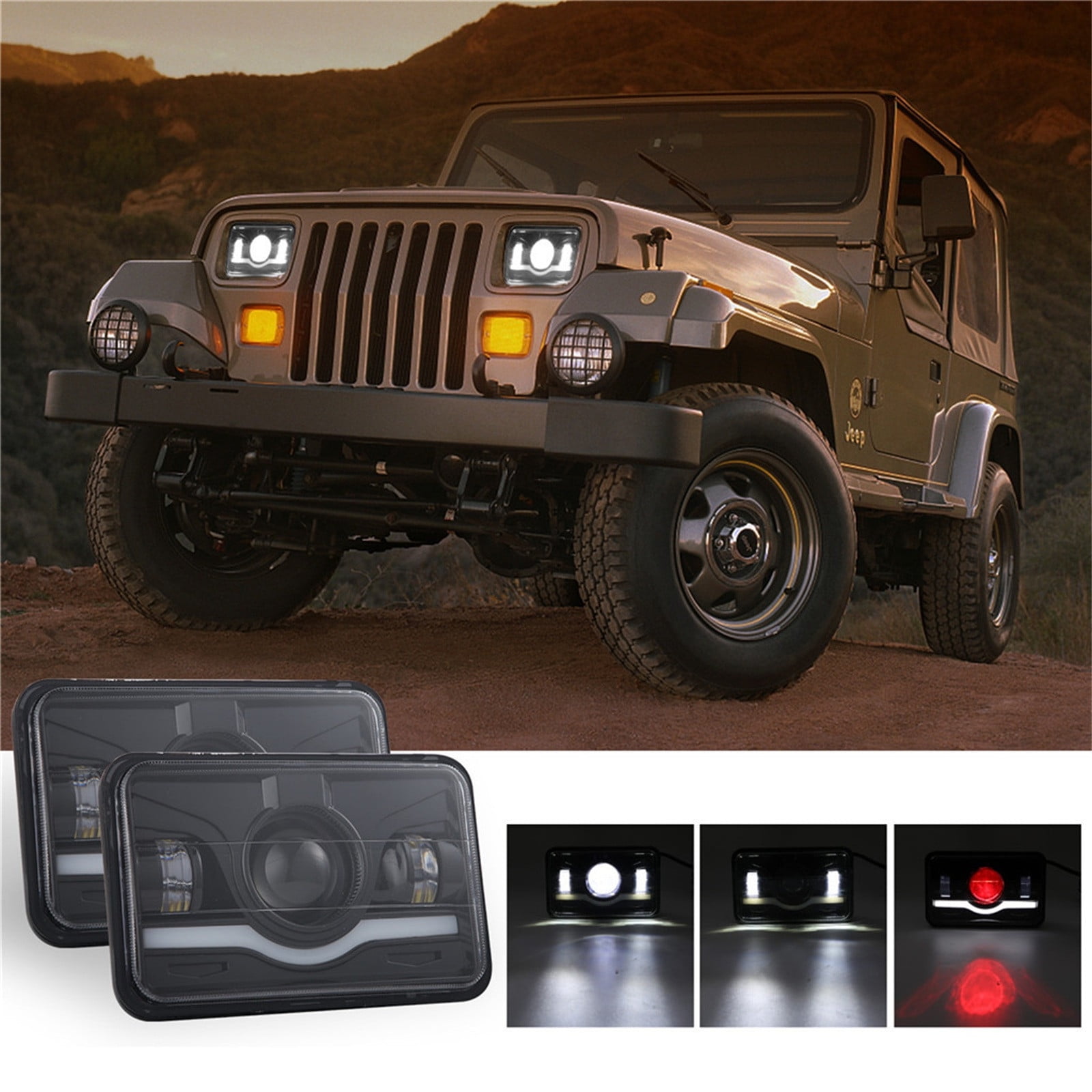 Limited Time Offer,Square 4x6Inch 150W LED Headlight Hi-Lo Red DRL ...