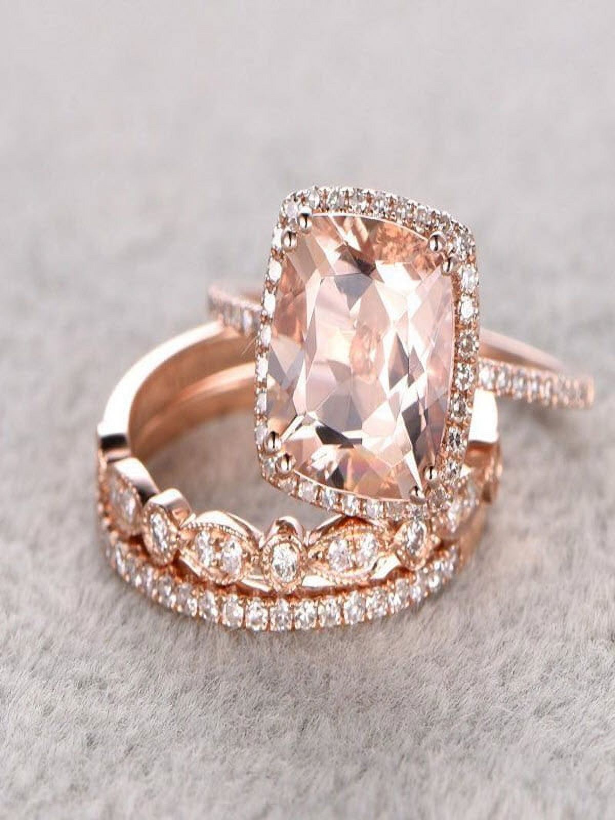 2 carat Morganite and Diamond Trio Wedding Bridal Ring Set in 10k Rose ...