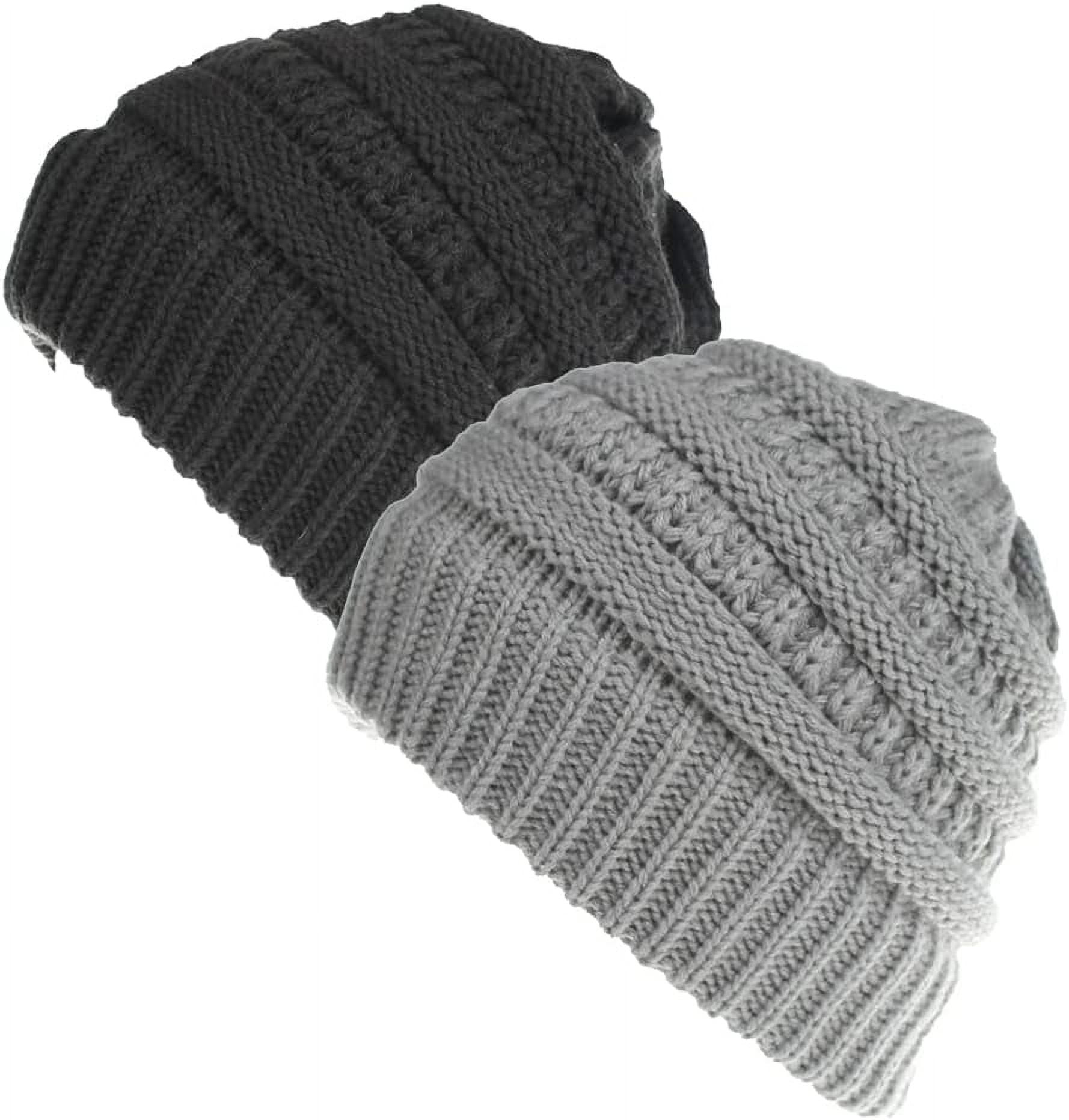 LinYooLi 2PCS Ponytail Beanie for Women Cable Knit Messy High Bun Hat ...