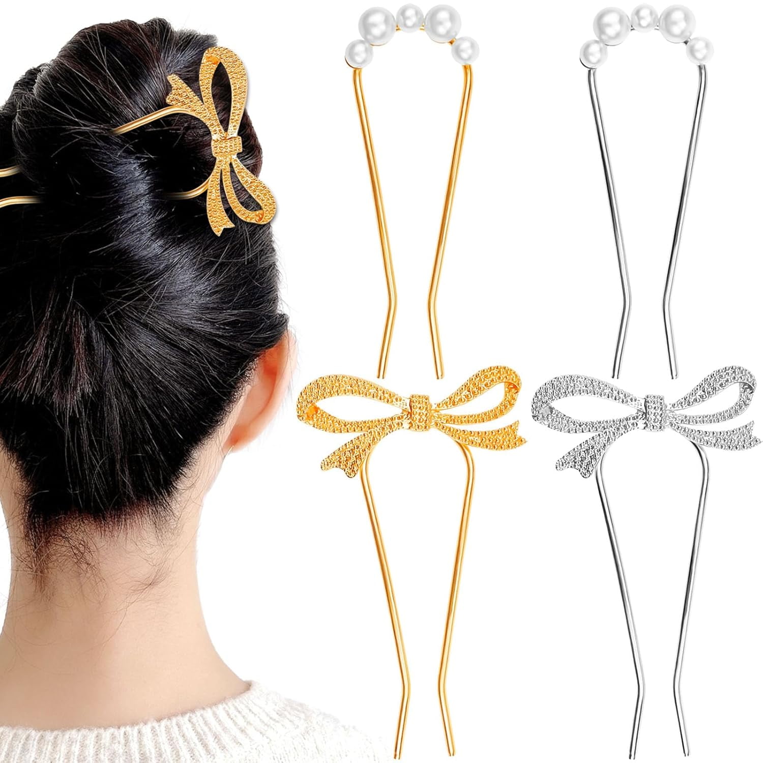 LinYooLi 4 PACK Pearl Rhinestone U Shape Hair Fork Sticks Updo Hair Bun ...