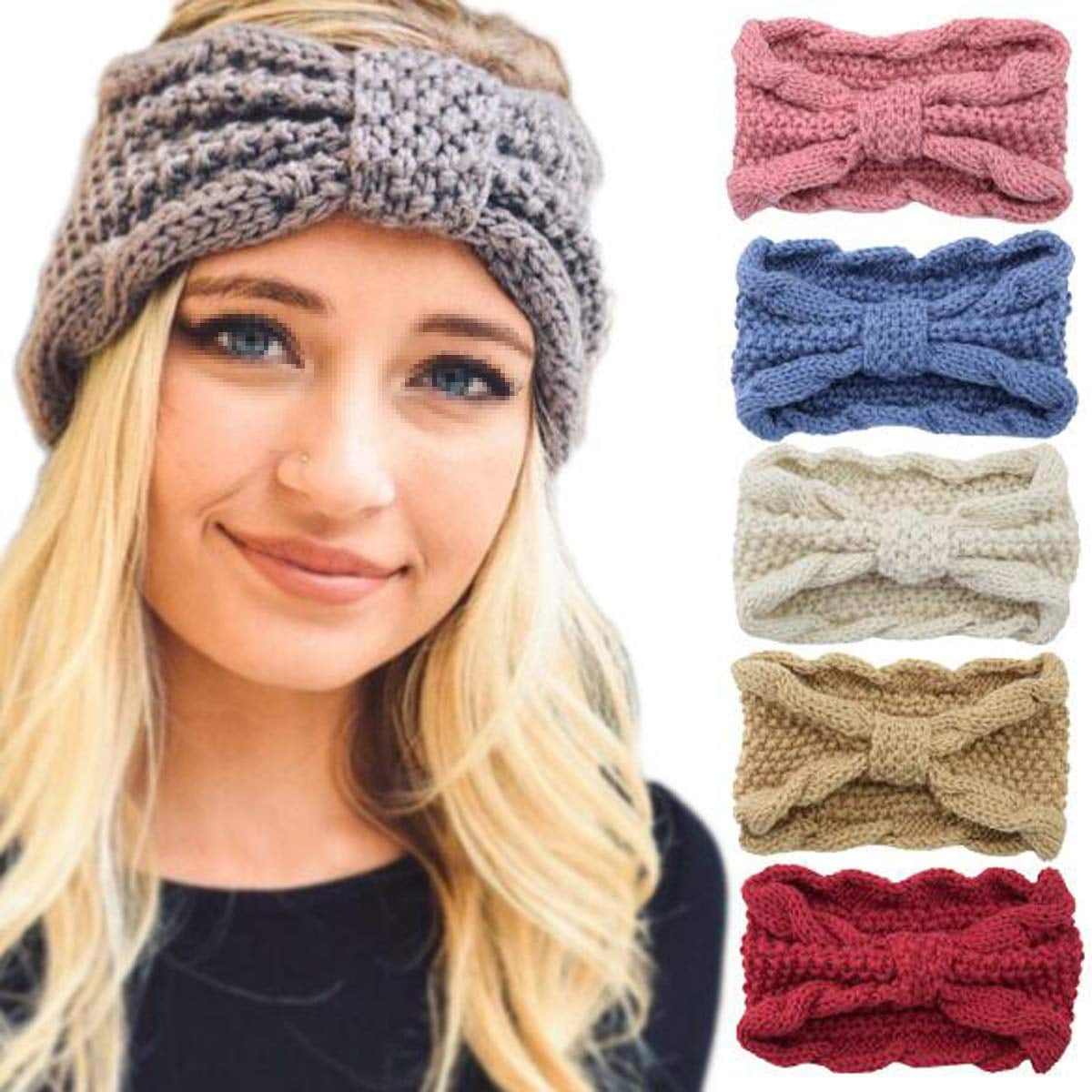 LinYooLi 5 Pcs Assorted Color Womens Knit Wide Twist Bow Hair Bands ...