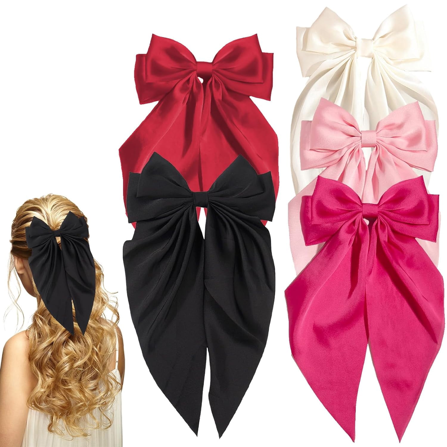 LinYooLi 5Pcs Silky Satin Hair Bows for Women,5 Color Hair Bows Clips ...