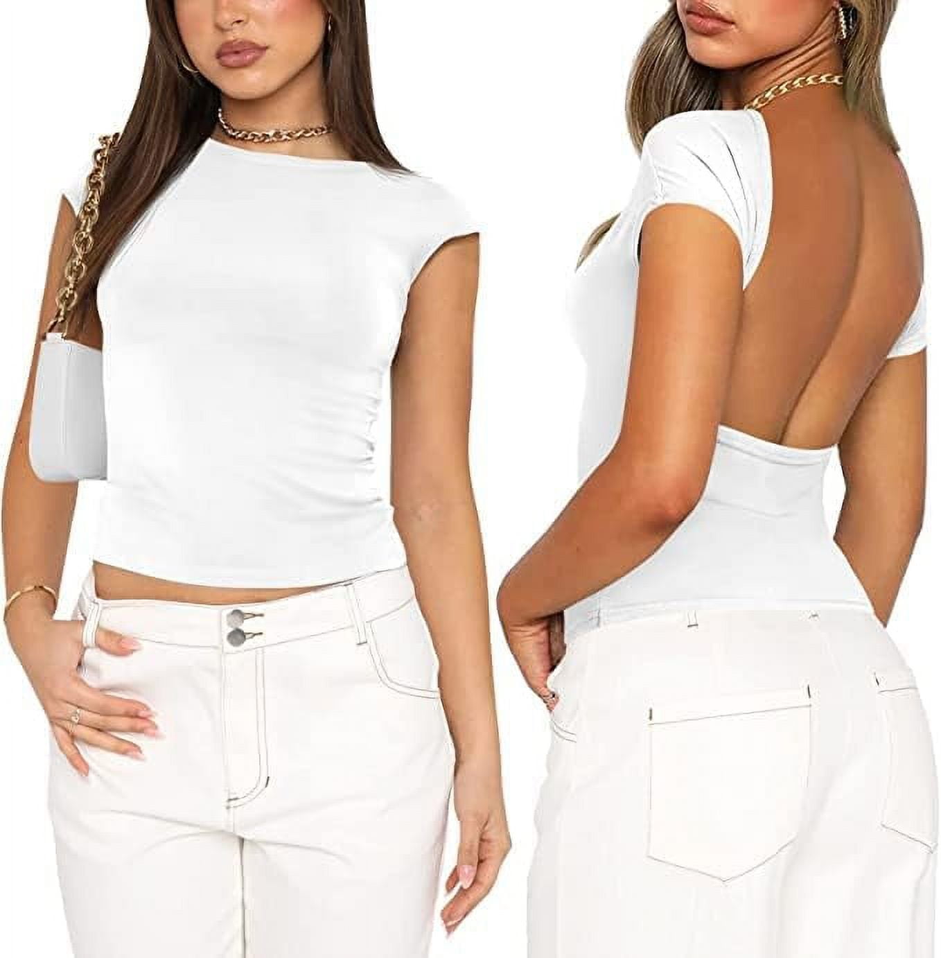 Linyooli Basic Tops For Women Short Sleeve Crop Top Y2k Solid Fitted