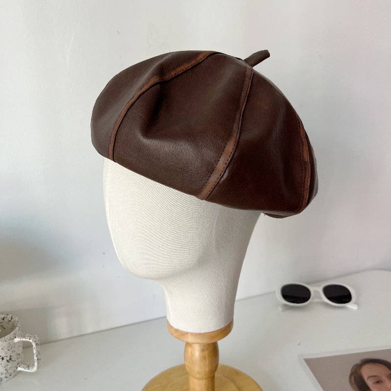 LinYooLi British Retro Brown PU Leather Octagonal Beret. Female Autumn ...