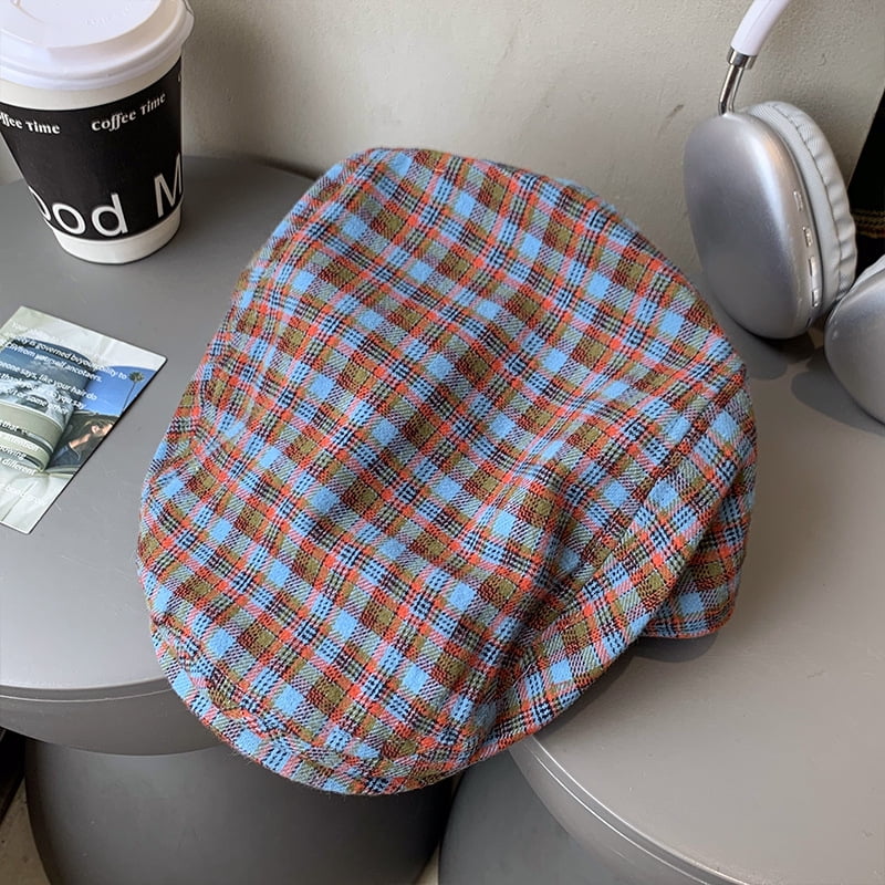 LinYooLi British Retro Checkered Front Hat Female Big Head ...