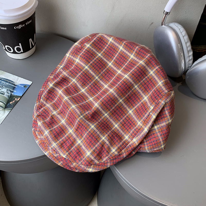 LinYooLi British Retro Checkered Front Hat Female Big Head ...