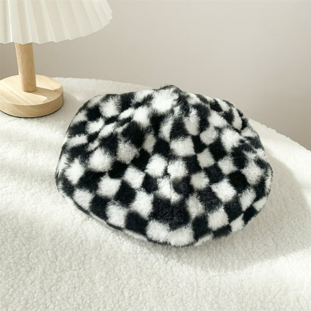 LinYooLi Checker Lattice Breda Hat Female Plush Retro Versic Big Head ...