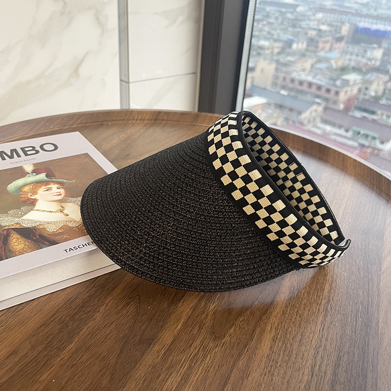 LinYooLi Checkered Grass Compilation Empty Top Hat Female Summer Sun ...