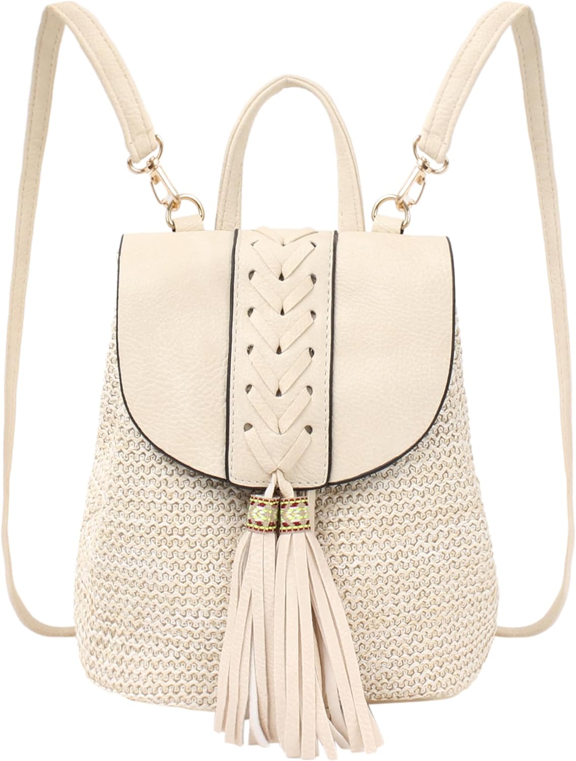 LinYooLi Felite Fnn Women Mini Braid Tassels Straw Woven Backpack PU ...