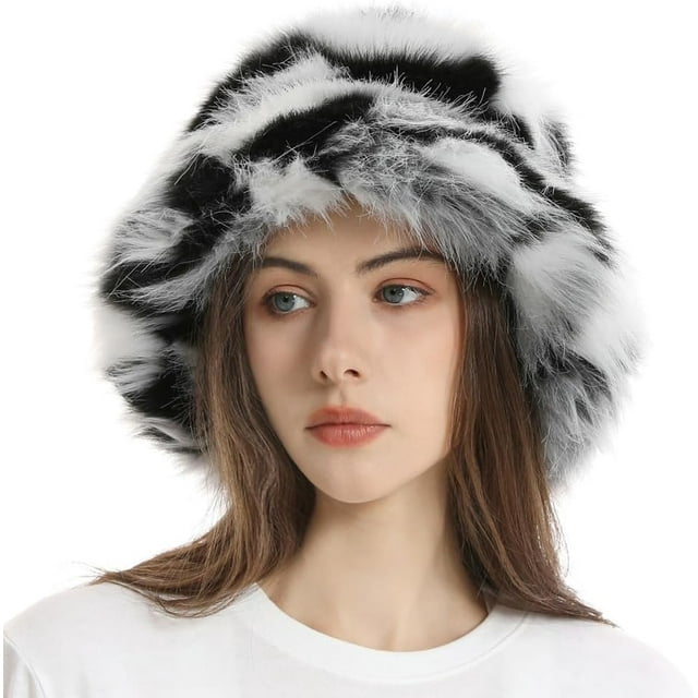 Linyooli Fuzzy Bucket Hat Y2k Winter Beanie Hat Fluffy Furry Plush Faux