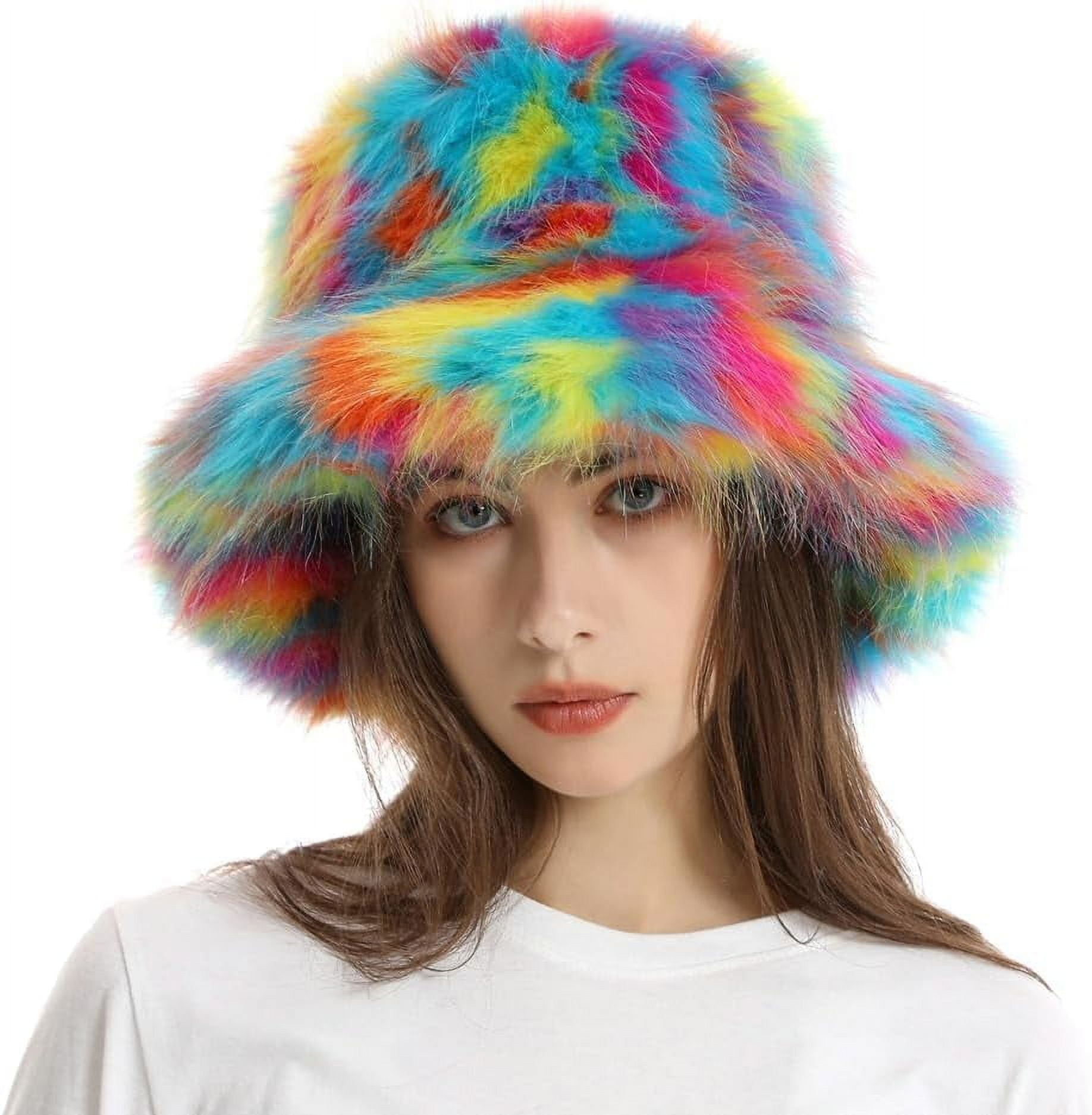 LinYooLi Fuzzy Bucket Hat Y2k Winter Beanie Hat Fluffy Furry Plush Faux Fur Hats Fishing Hat ...