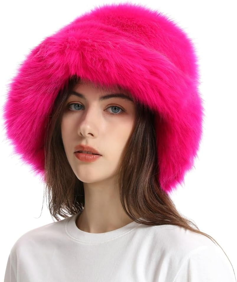 LinYooLi Fuzzy Bucket Hat Y2k Winter Beanie Hat Fluffy Furry Plush Faux ...