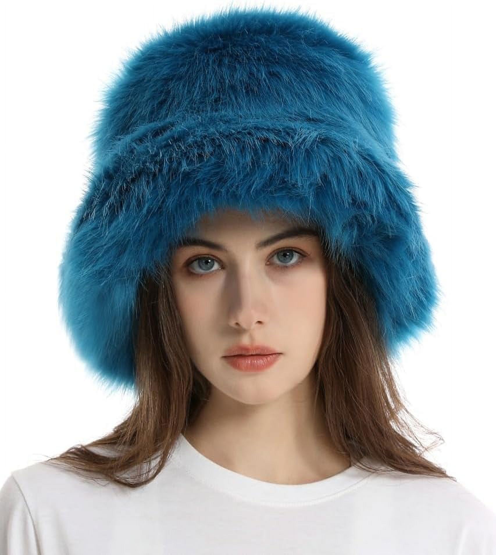 LinYooLi Fuzzy Bucket Hat Y2k Winter Beanie Hat Fluffy Furry Plush Faux ...