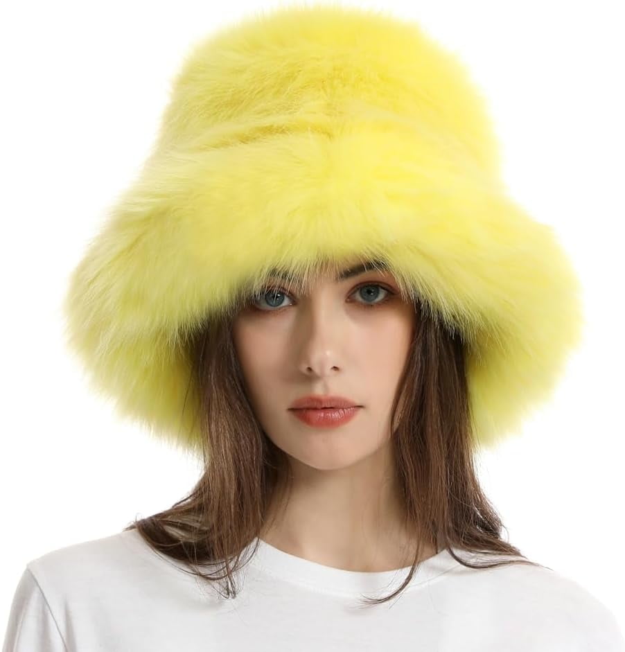 Linyooli Fuzzy Bucket Hat Y2k Winter Beanie Hat Fluffy Furry Plush Faux