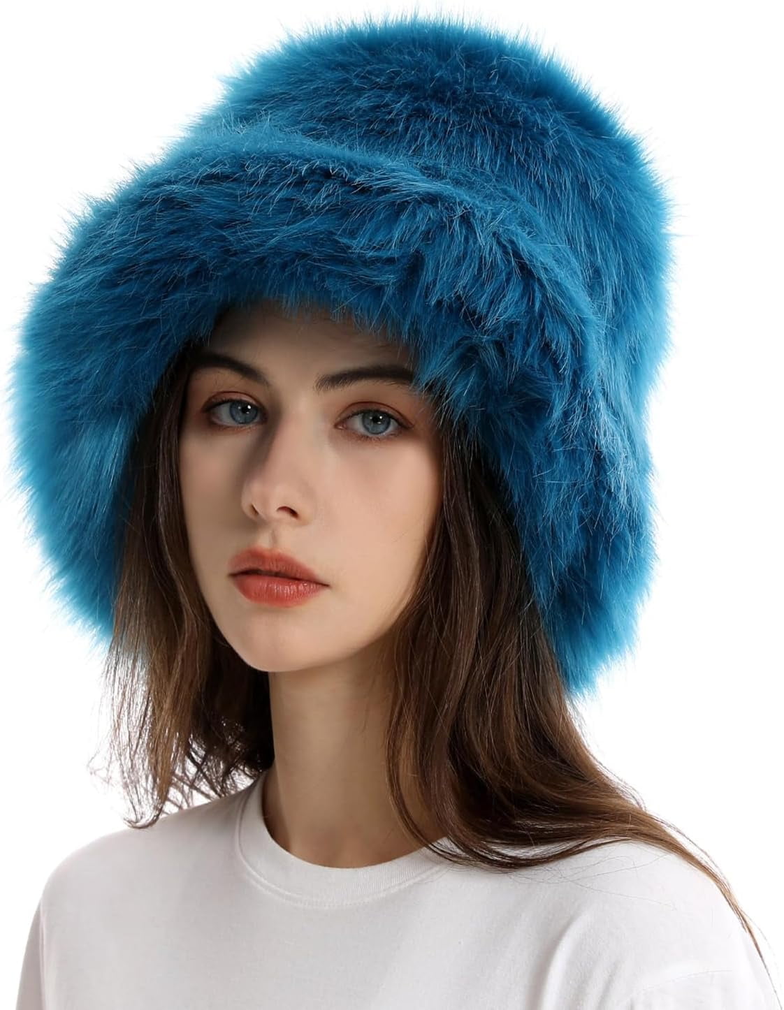 LinYooLi Fuzzy Bucket Hat for Women Winter Fluffy Furry Plush Faux Fur ...
