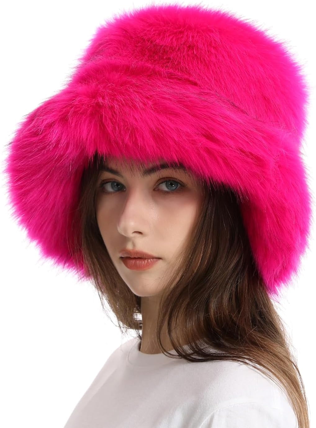 LinYooLi Fuzzy Bucket Hat for Women Winter Fluffy Furry Plush Faux Fur ...