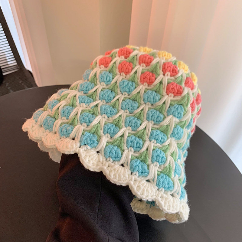 LinYooLi Hand Woven Flower Wool Hat Female Winter New Big Head ...