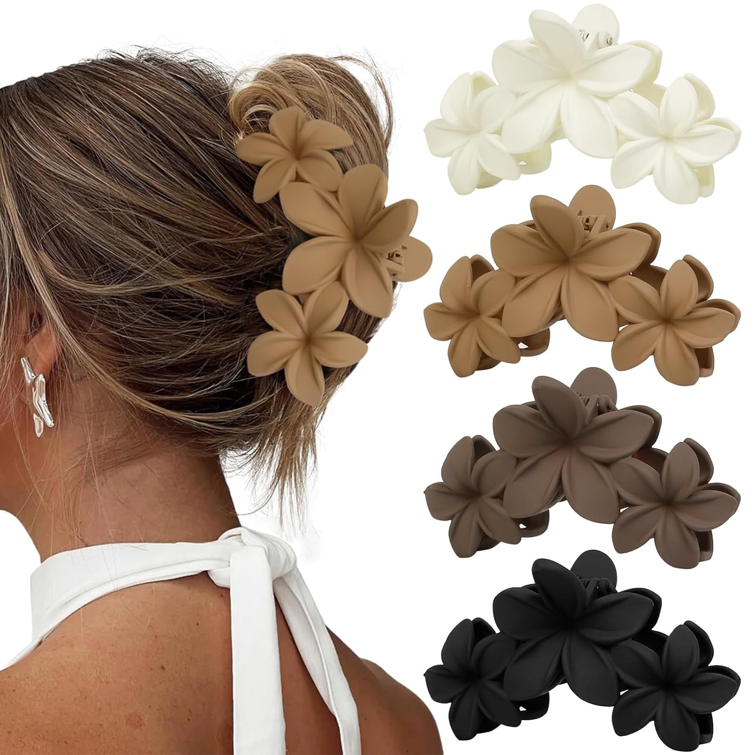 LinYooLi Hawaiian Plumeria Flower Hair Clips for Women Large Matte Claw ...