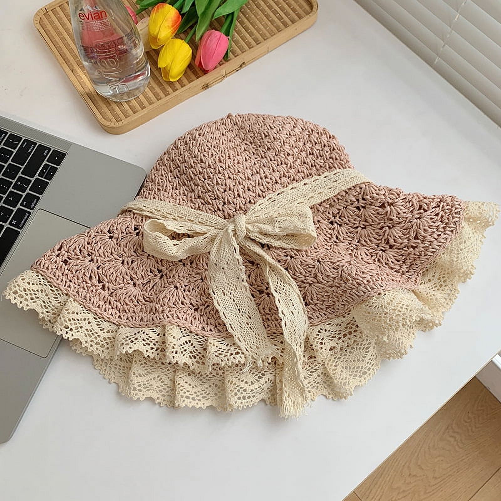 LinYooLi Hollow Lace Ribbon Straw Hat Female Summer Seaside Holiday ...