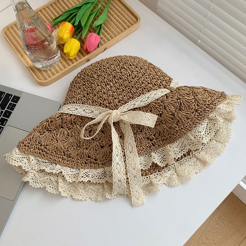 LinYooLi Hollow Lace Ribbon Straw Hat Female Summer Seaside Holiday ...