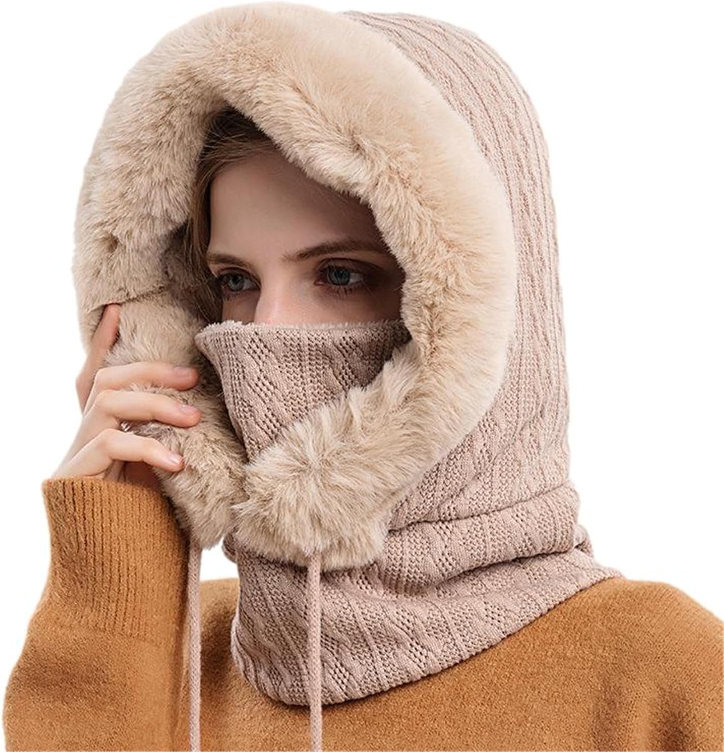 LinYooLi Knitted Balaclava Winter Scarf Face Mask Faux Fur Hat Cap Ski ...