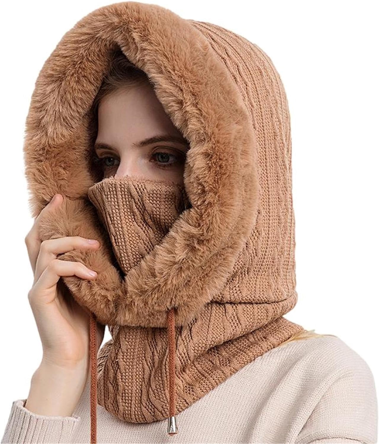 LinYooLi Knitted Balaclava Winter Scarf Face Mask Faux Fur Hat Cap Ski ...