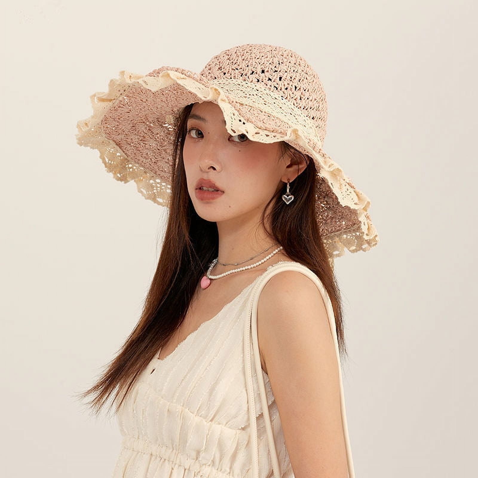 LinYooLi Lace Edge Can Fold The Straw Hat Woman In Summer Hand Woven ...