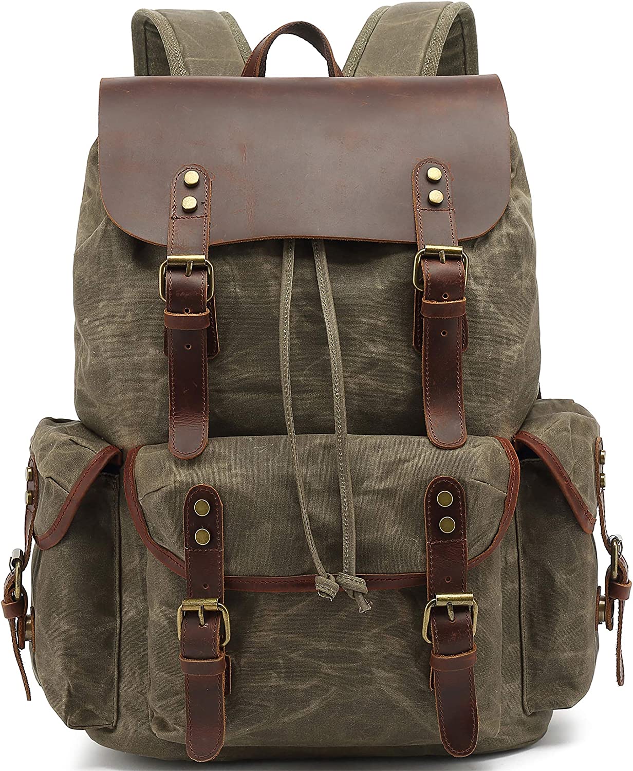LinYooLi Leather Backpack for Men,Huge Waxed Canvas Shoulder Rucksack ...