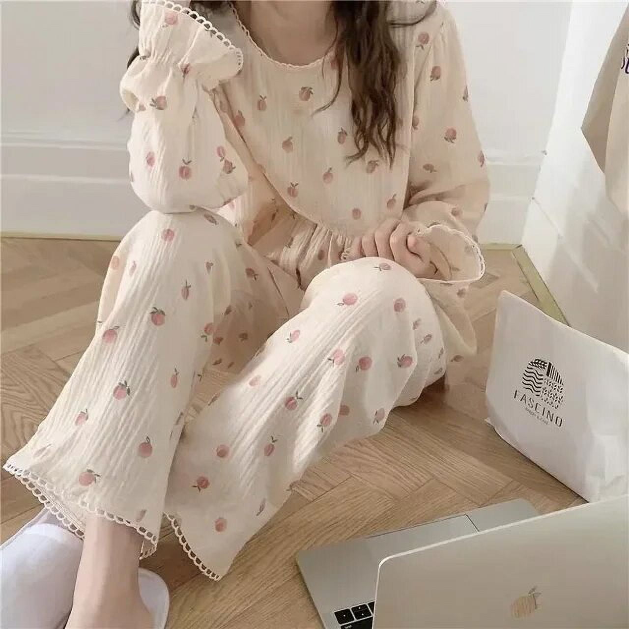 Linyooli Long Peach Pajama Suit Sleepwear Piiama Lace Style Sets Women