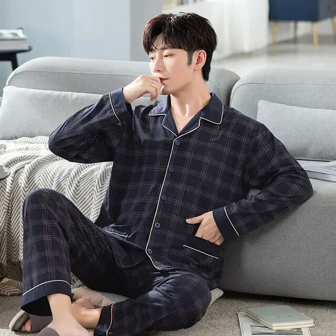 Linyooli Long Sleepwear Suit Nightwear Male Autumn Sleeve Set Pijama