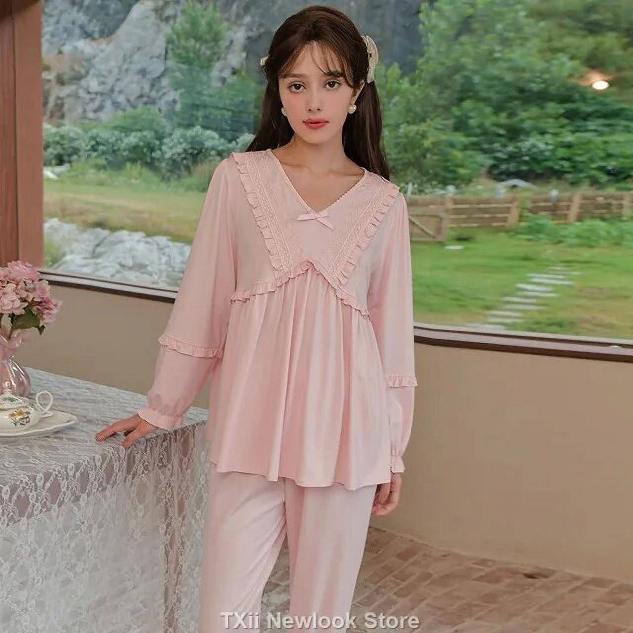 Linyooli Long Sleeve Pajamas Set French Lace Court Style Autumn Two
