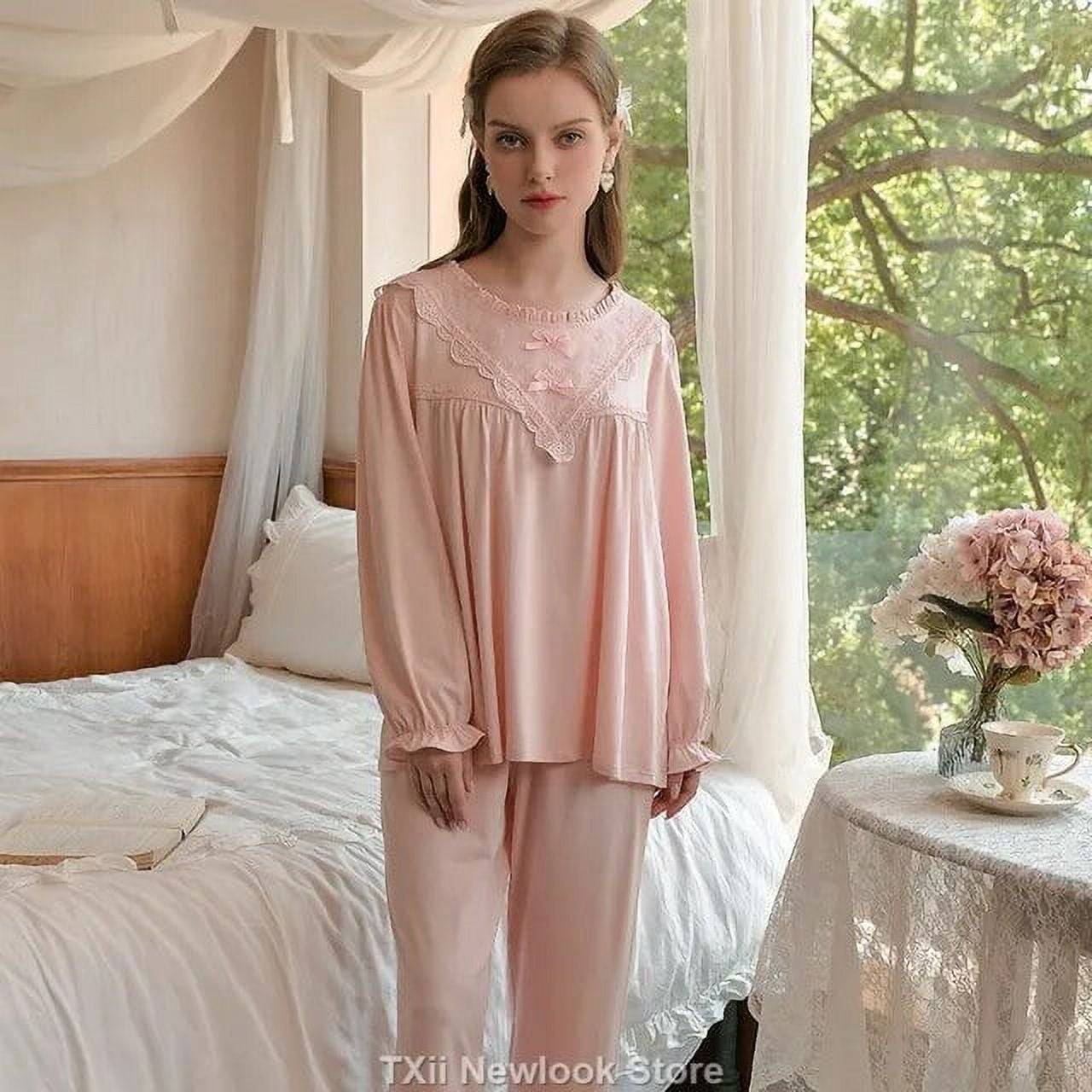 Linyooli Long Sleeve Pajamas Set French Lace Court Style Autumn Two