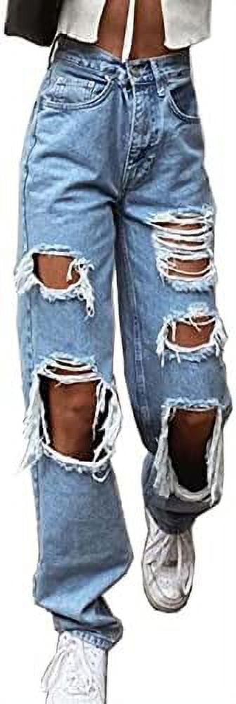 LinYooLi Loose Ripped Boyfriends Jeans High Waist Baggy Emo Pants ...
