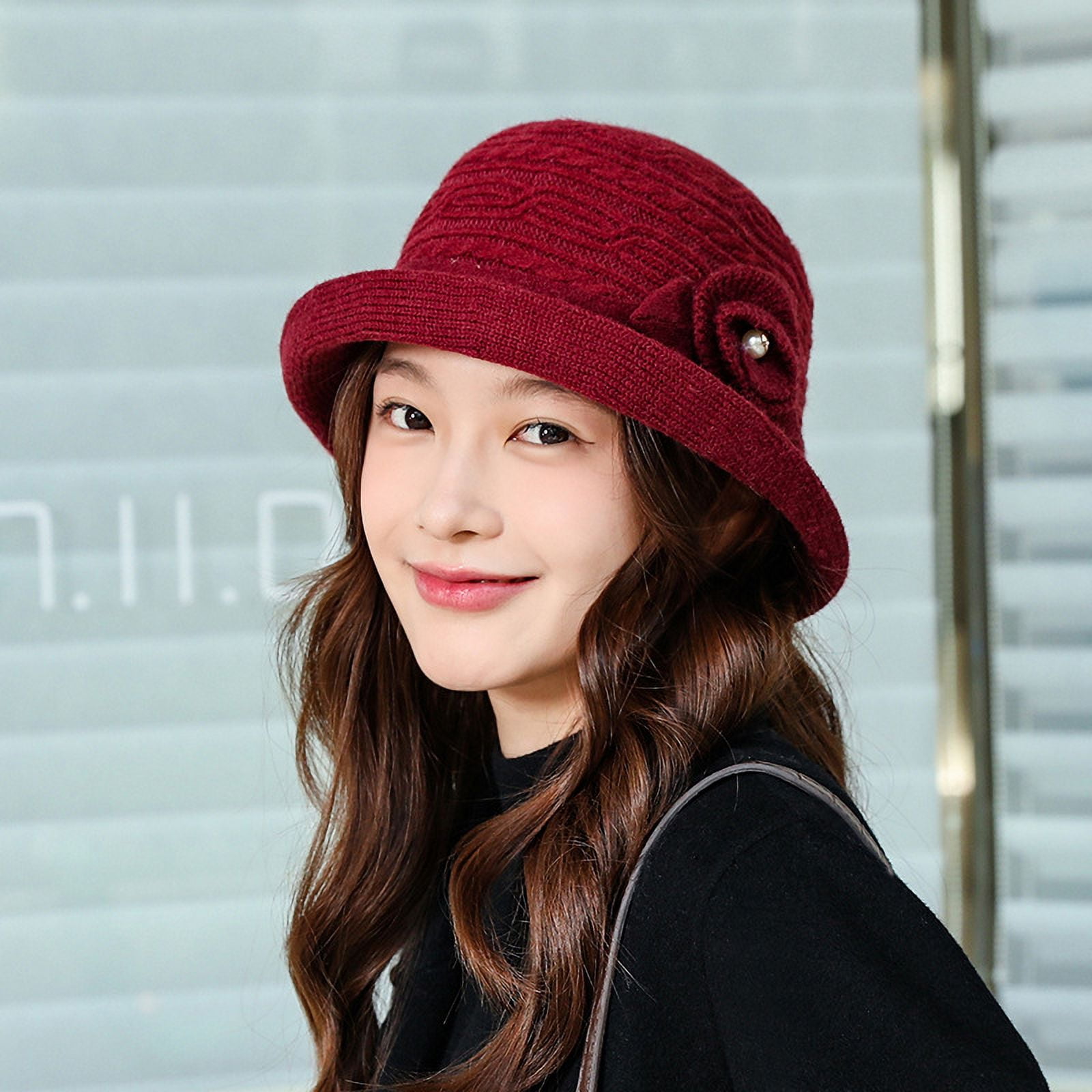 LinYooLi New Knitted Women's Flower Curled Front Raised Small Top Hat ...