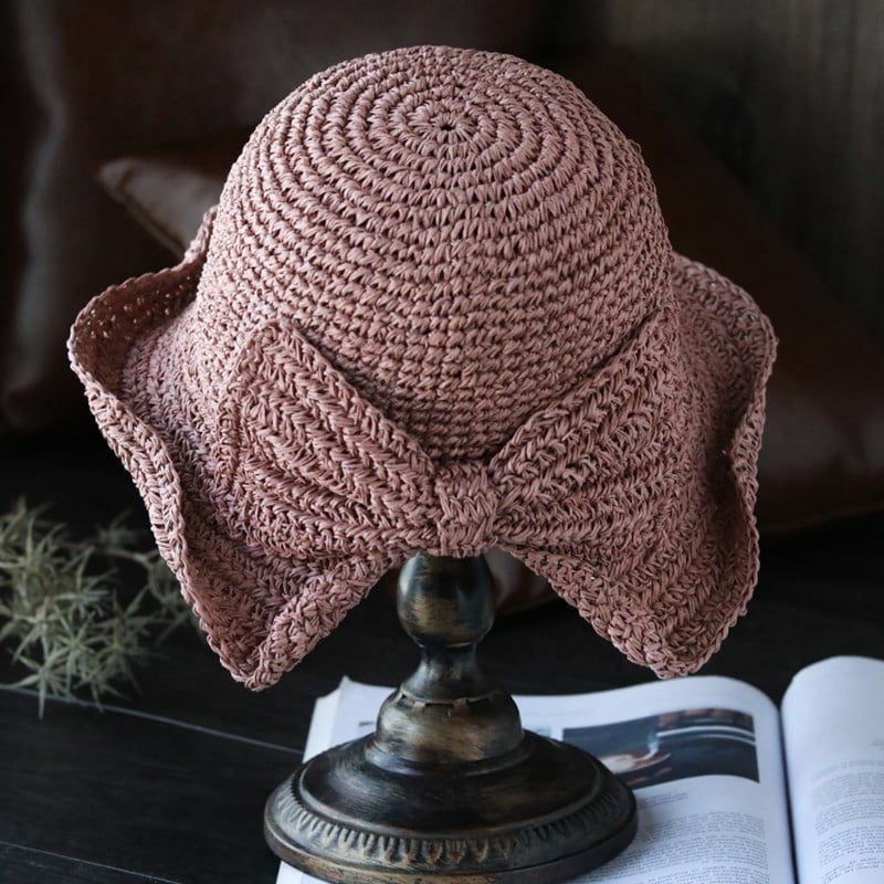 LinYooLi New Ladies Bow Can Fold The Straw Hat Handmade Straw Edited ...