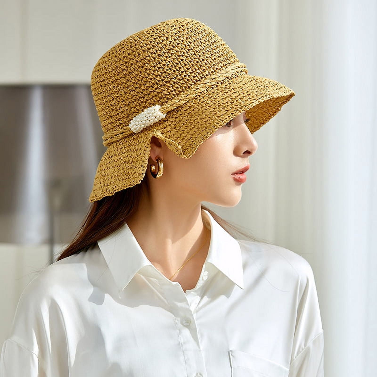 LinYooLi Pearl Straw Hat Female Beach Hats Spring And Autumn Fisherman ...